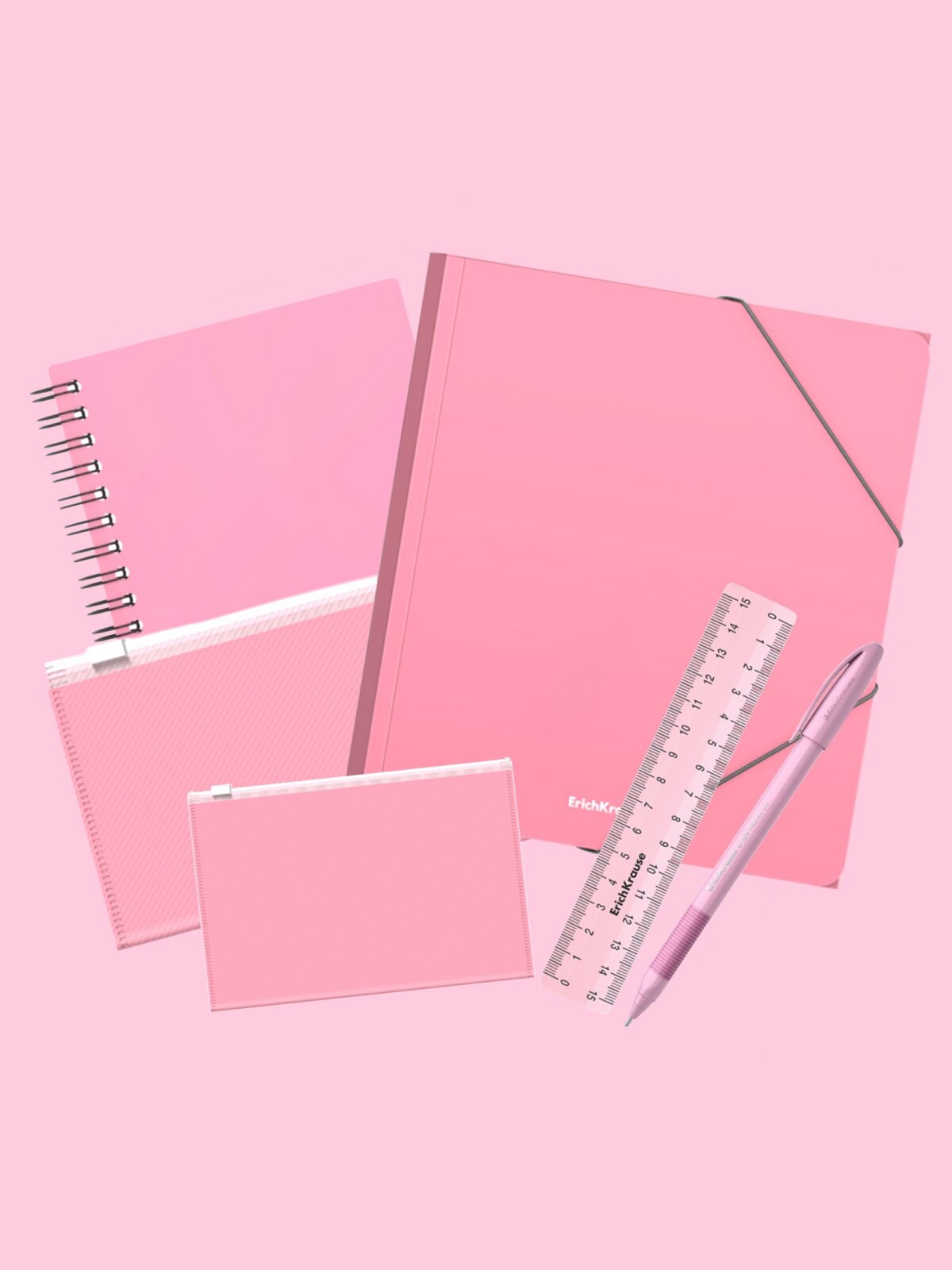 Подарочный набор ErichKrause (розовый): папка для тетрадей, блокнот, zip-пакет Card Size, zip-пакет C6, линейка, ручка