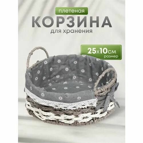 Корзина для хранения КНР круглая плетеная, 25х10 см, металлический каркас с текстильной вставкой, с ручками