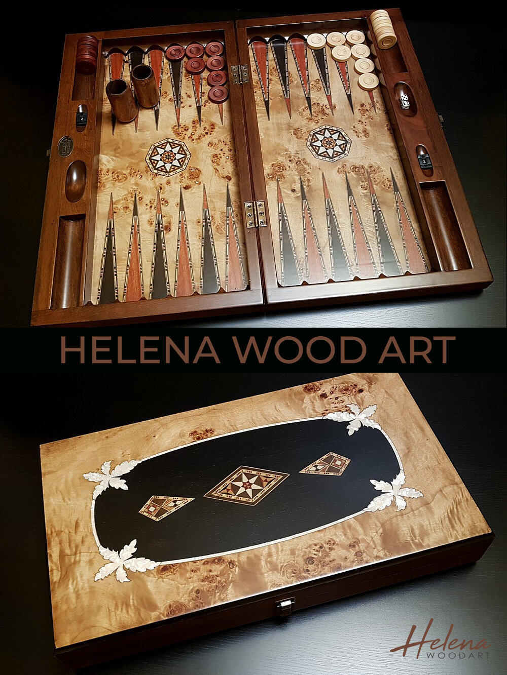 Нарды подарочные Helena Wood Art "Азия" клен-венге антик, 52 см, с баром для фишек