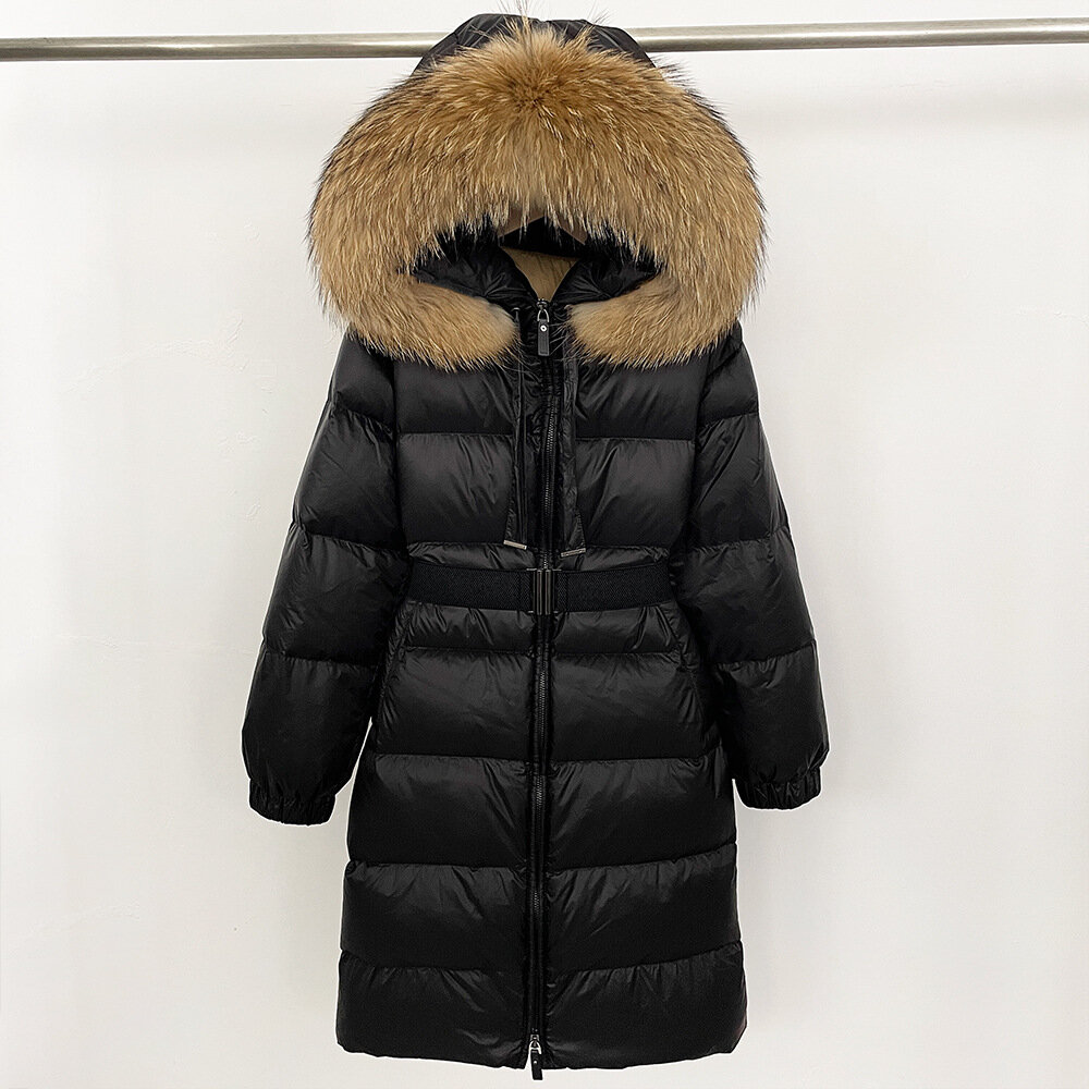 Зимняя длинная женская куртка-пуховик с большим меховым воротником и капюшоном, высококачественная куртка из белого утиного пуха, универсальное теплое пальто выше колена