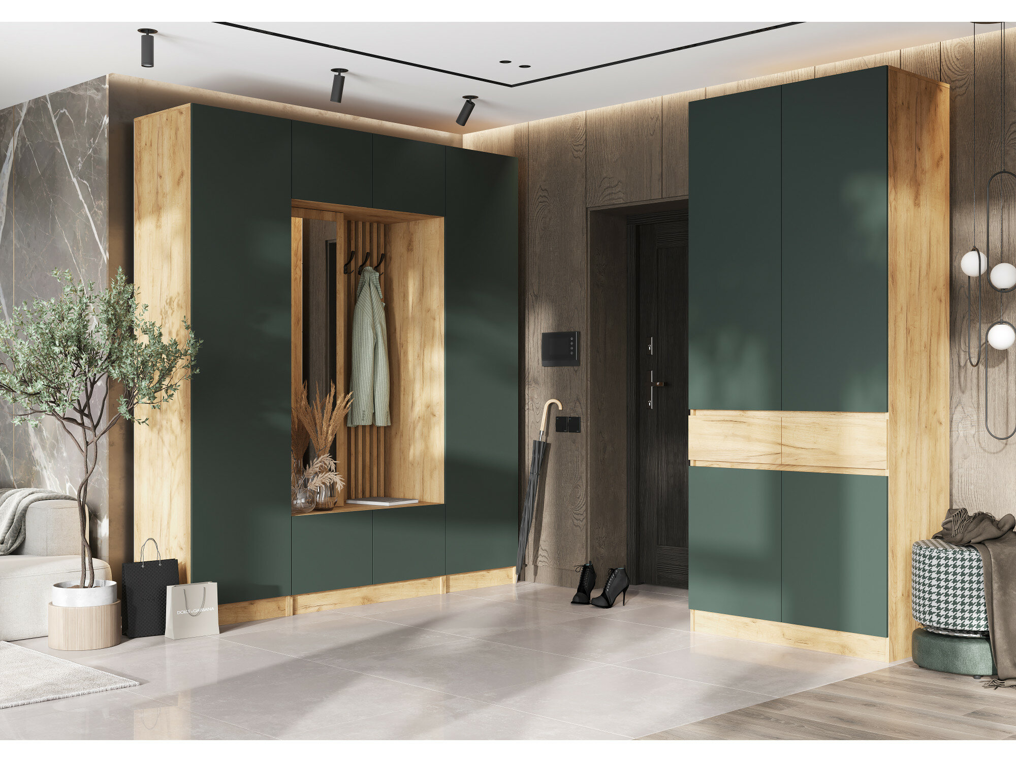 Модульная прихожая, в современном стиле, Дуб крафт/Изумрудный