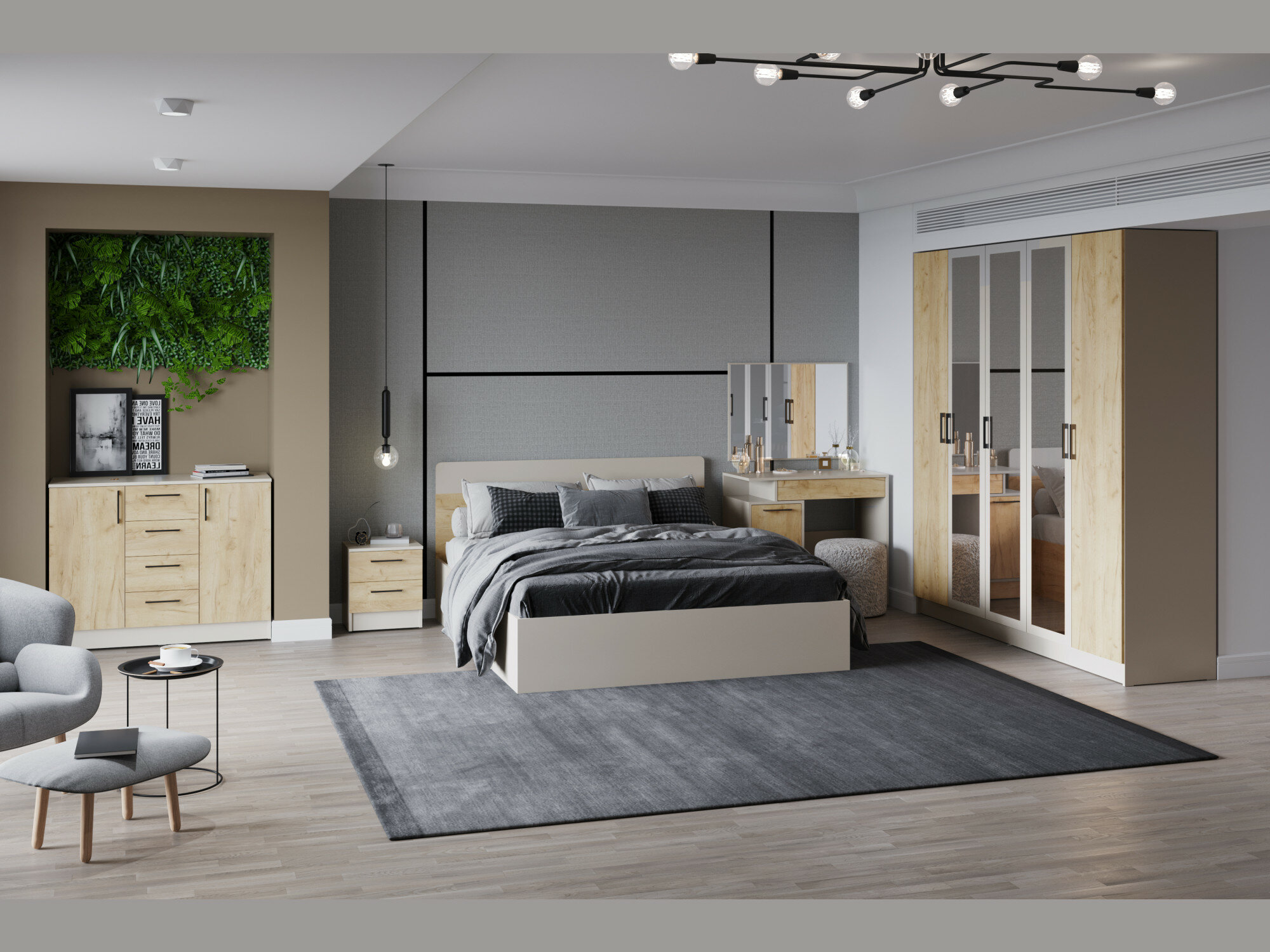 Спальня в современном стиле, набор 3, Кашемир/Дуб крафт золотой