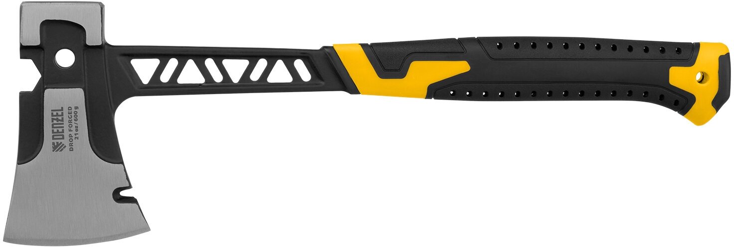 Топор цельнокованый DENZEL 600 г, двухкомпонентная обрезиненная рукоятка (21499)