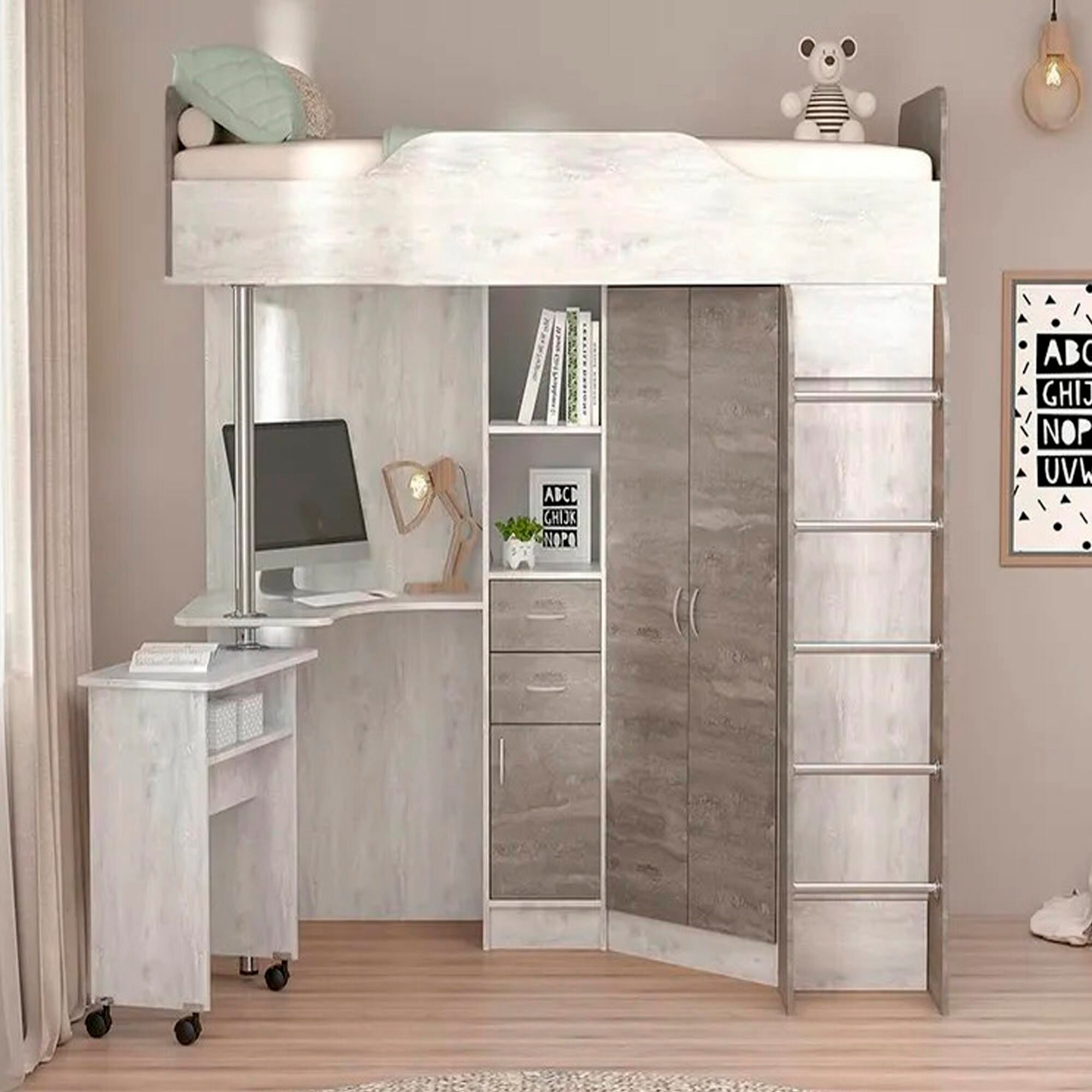 Кровать 1 Бриз ЛДСП Камень тёмный и Бетон светлый, ширина 190 см, односпальная, в детскую, в подростковую, в спальню