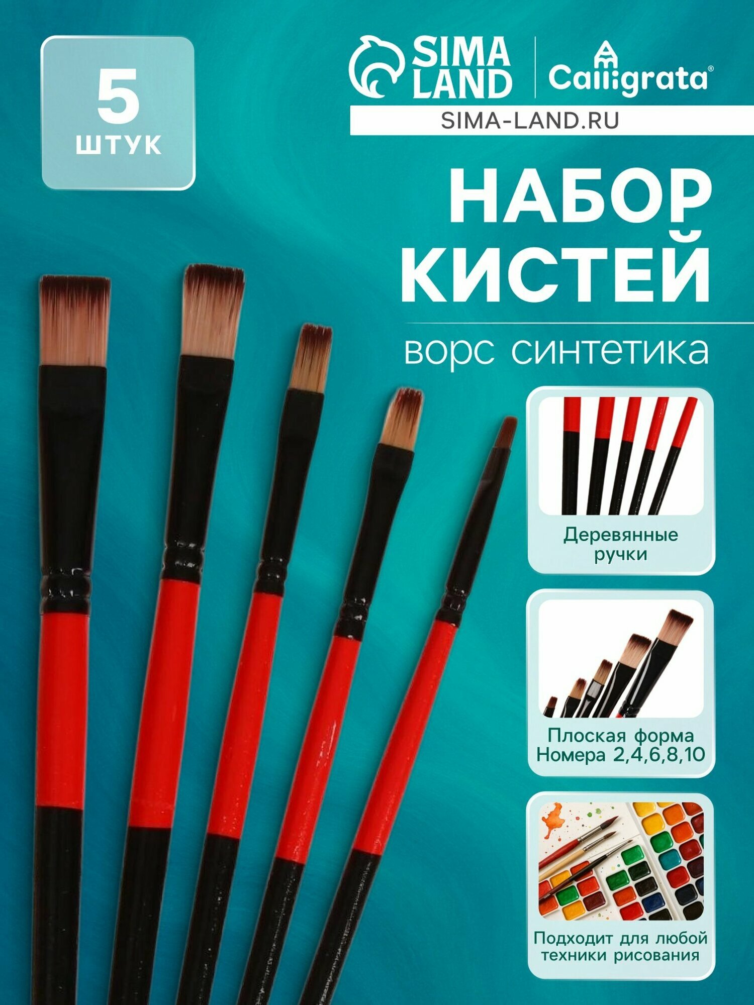 Кисточки для рисования синтетика (нейлон), набор 5 штук (№2, 4, 6, 8, 10)