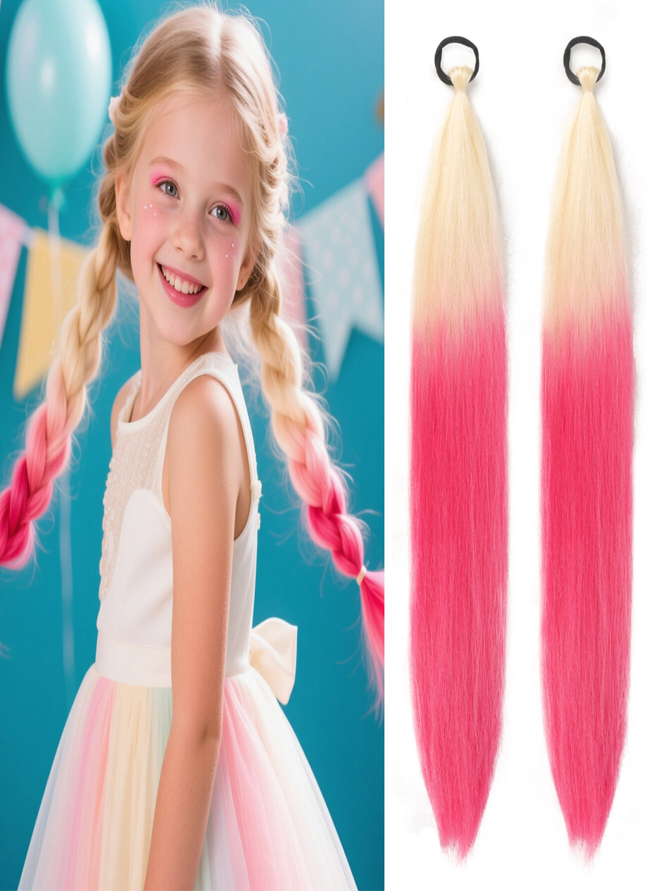 2 шт. 26 дюймов: Разноцветные детские пряди для DIY плетения Термостойкие синтетические наращивания (косы/конский хвост) Пушистые длинные волосы для девочек и праздничных образов