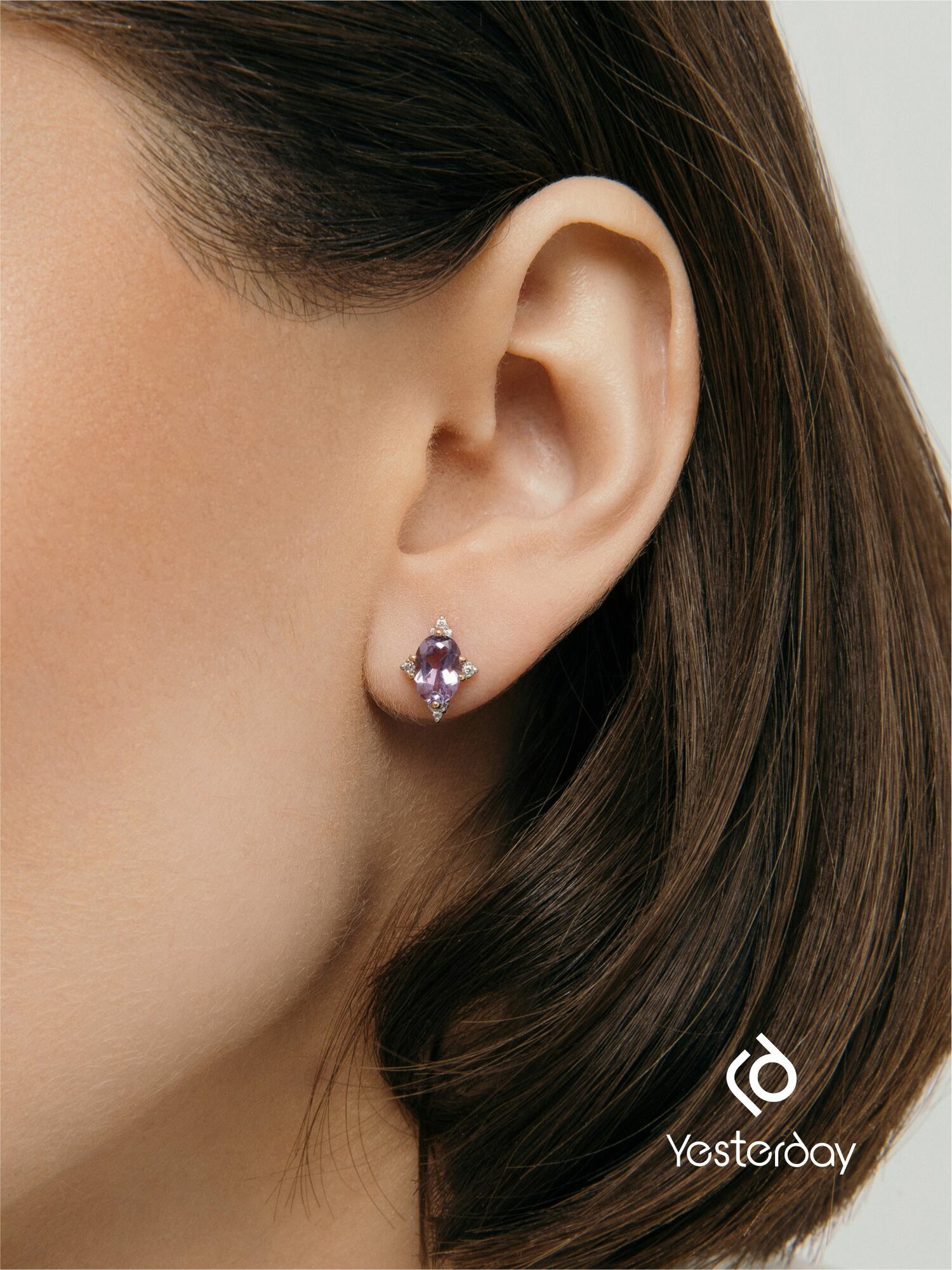Серьги пусеты, красное золото, 585 проба, фианит, аметист