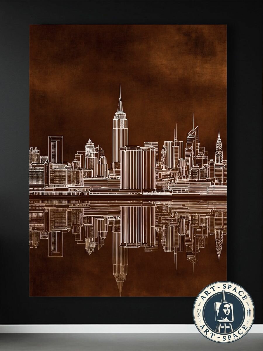 Картина на холсте «Белый город на коричневом фоне с отражением», малый формат 20×30 см