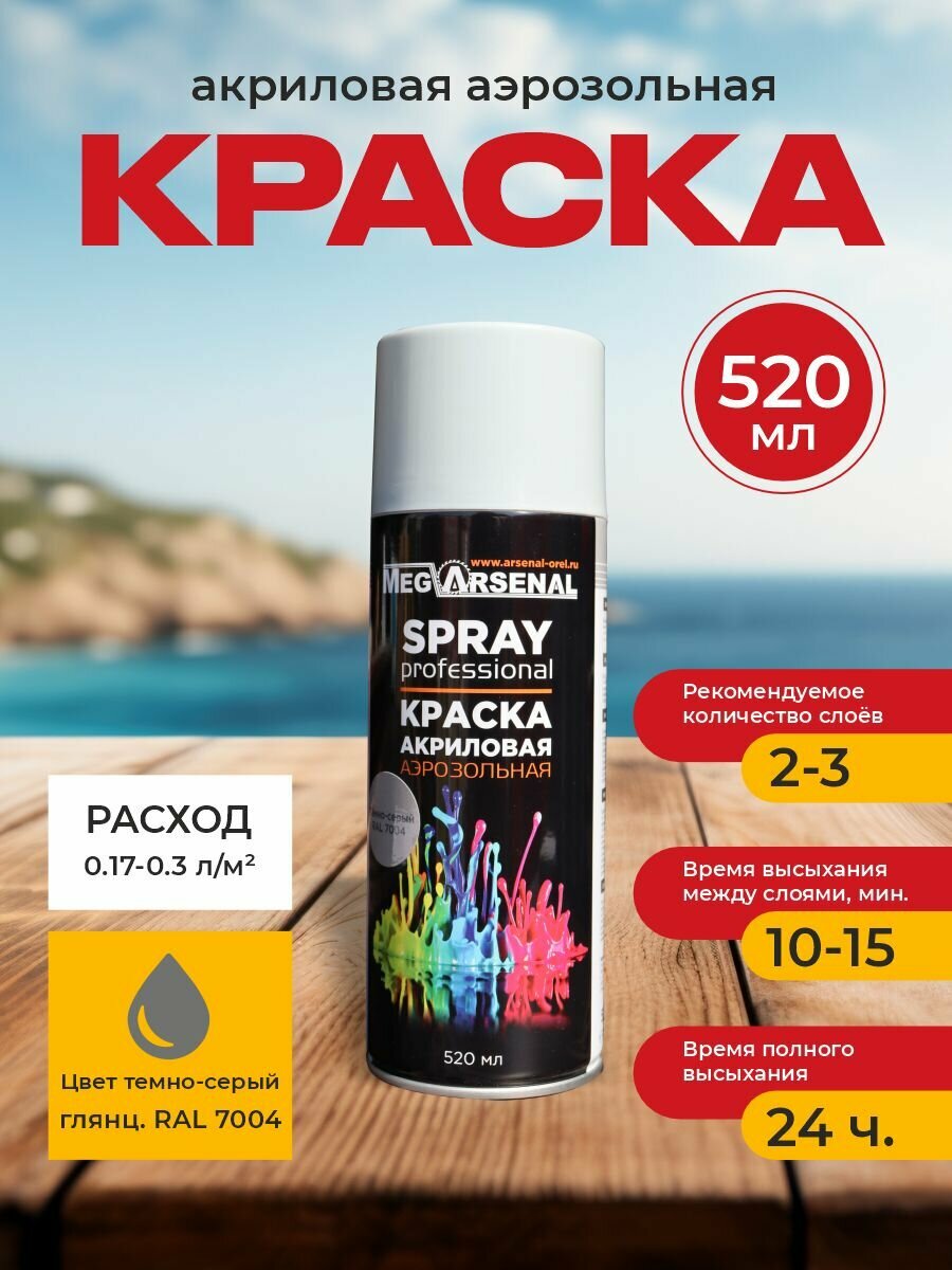Краска акриловая аэрозольная MegArsenal темно-серый RAL 7004 520мл