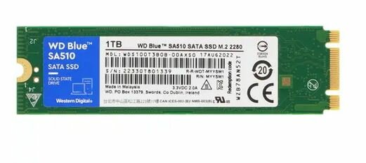 1000 ГБ SSD M.2 накопитель WD Blue SA510 (WDS100T3B0B) - SATA 3, чтение - 560 Мбайт/сек, запись - 520 Мбайт/сек, 3D NAND, 3 бит TLC