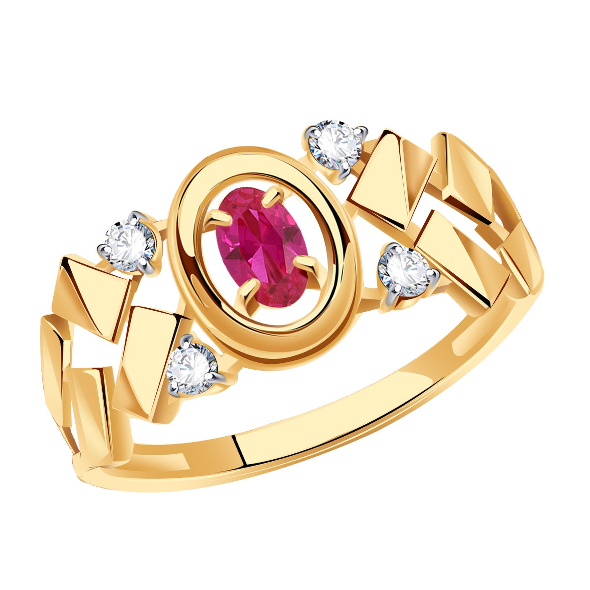 Кольцо, красное золото, 585 проба, фианит, корунд