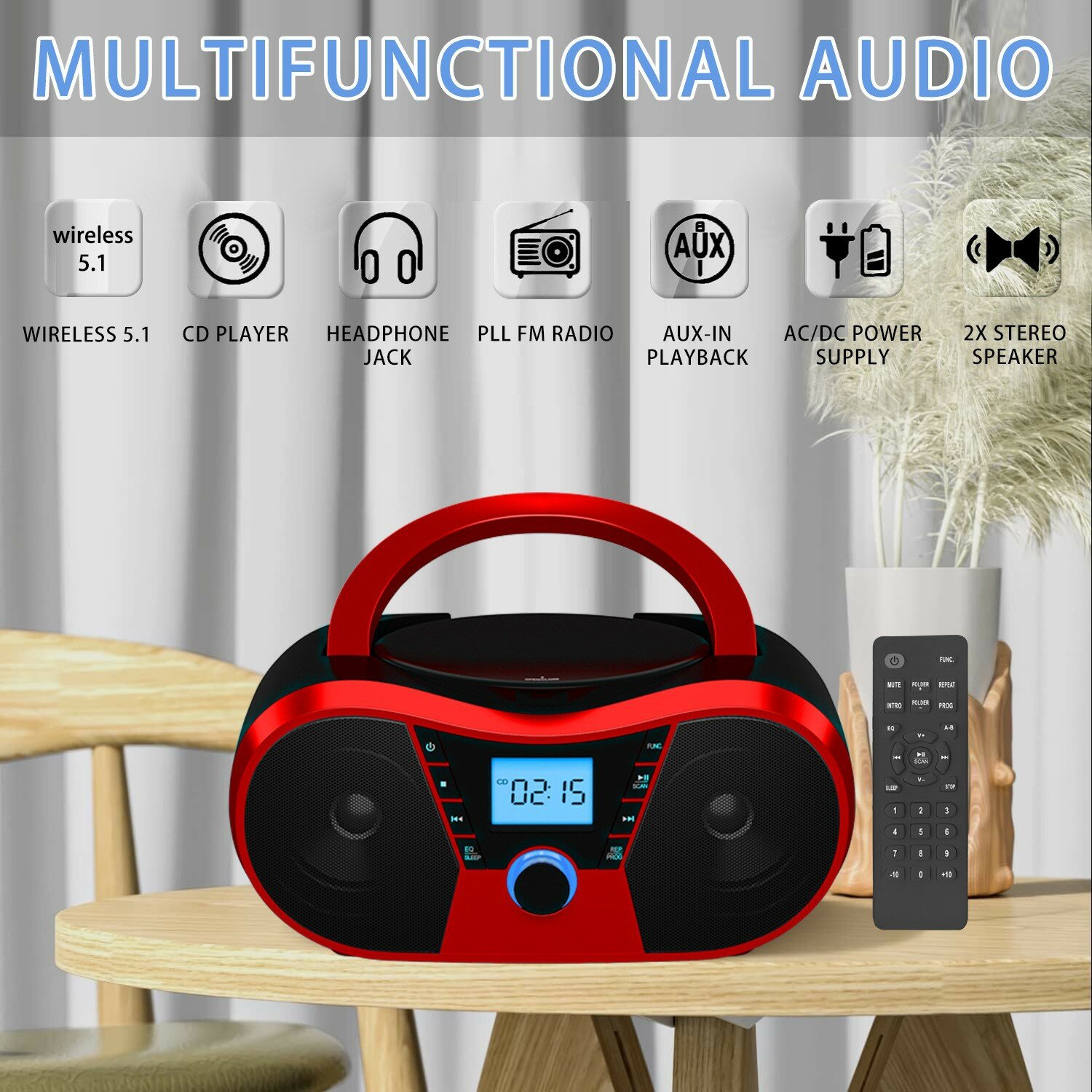 Портативный стерео CD-плеер бумбокс с AM/FM радио, Bluetooth, USB, A