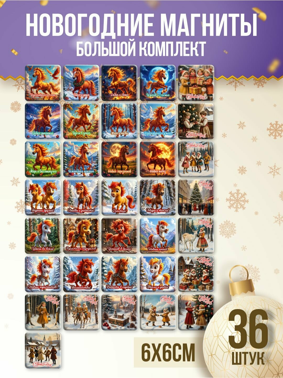 Большой набор новогодние магниты Лошадь символ Года 2026 36 шт, подарок на Новый год