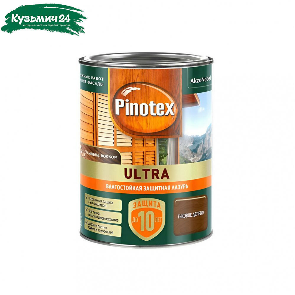 Лазурь Pinotex Ultra для древесины полуглянцевая влагостойкая тиковое дерево 0,9л, 1 шт.