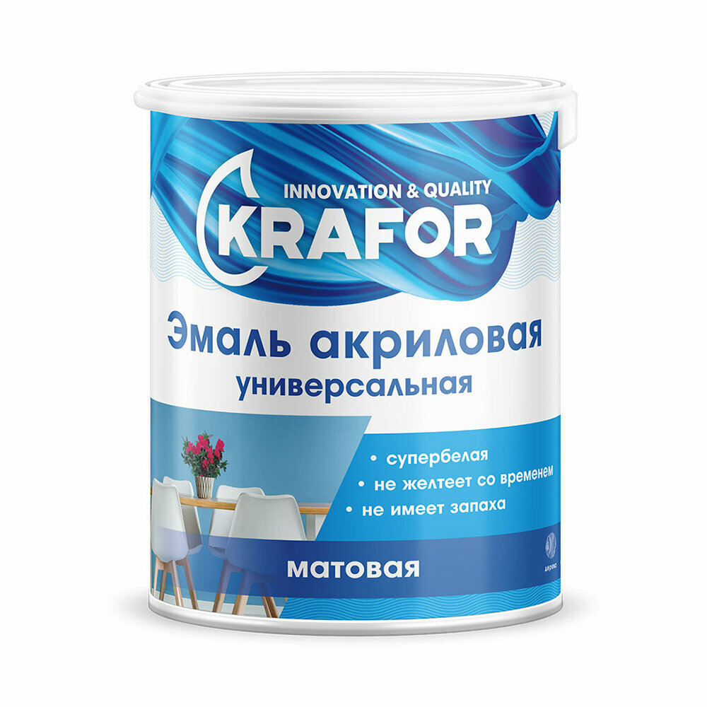 Эмаль универсальная Krafor, акриловая, матовая, 3 кг, супербелая, 1шт