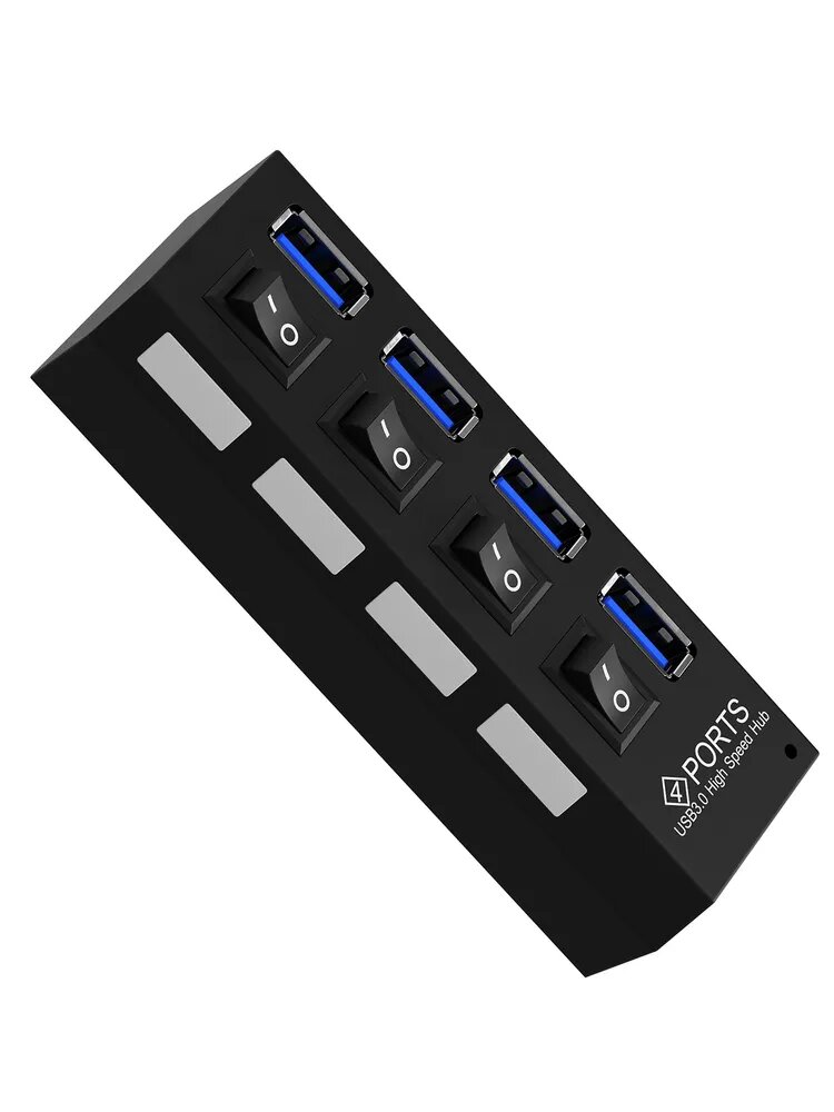 USB-концентратор BESIUINI 4 порта USB 3.0 Высокоскоростной хаб с LED подсветкой для ПК, черный — фото 1