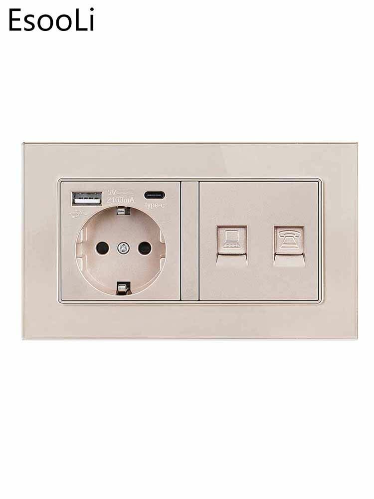 Розетка EU с портами USB и Type-C с телефонным портом RJ12 и интерфейсом компьютерного сетевого кабеля RJ45, золотая закаленное стекло