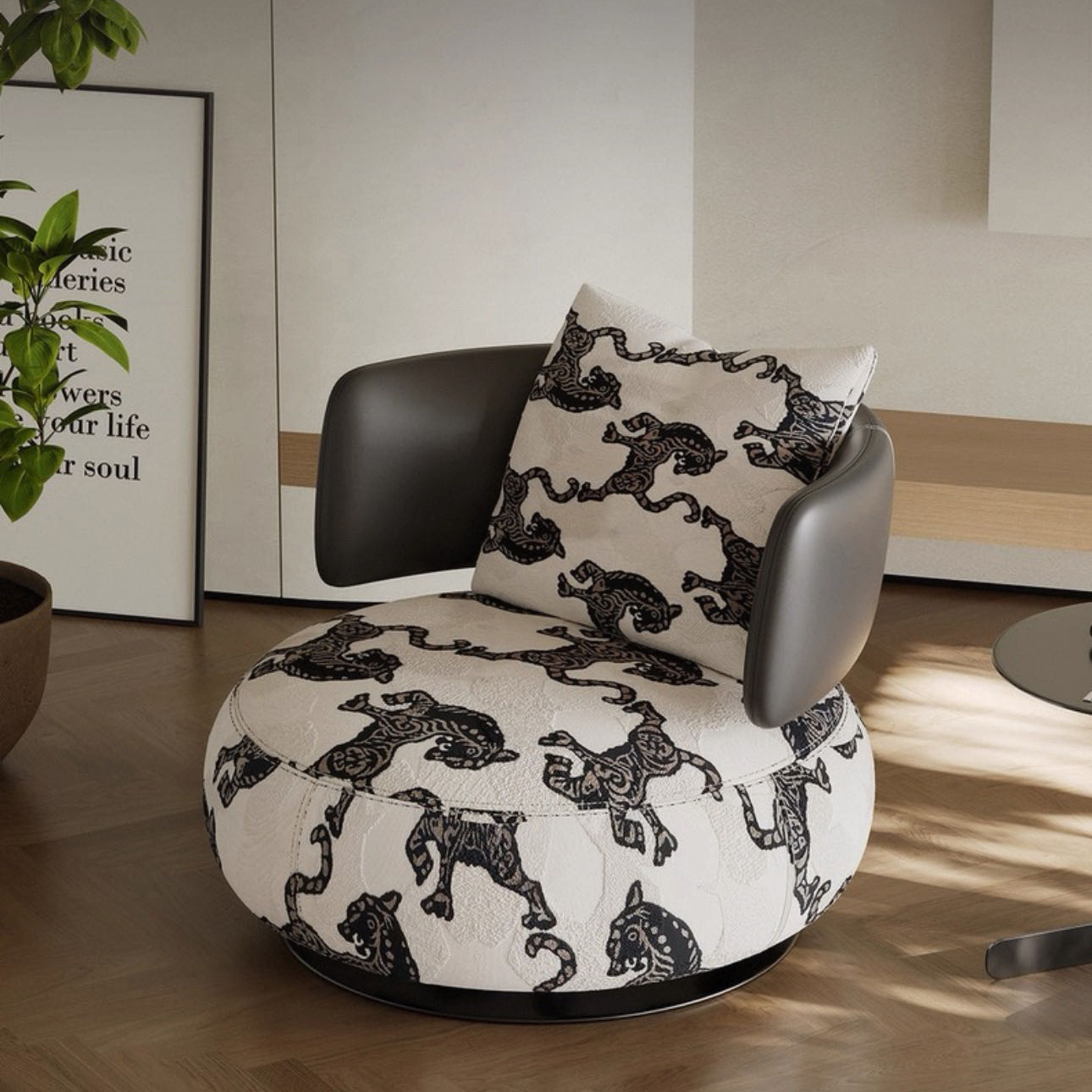 Интерьерное круглое кресло из искусственной кожи Leysin (принт с тигром)