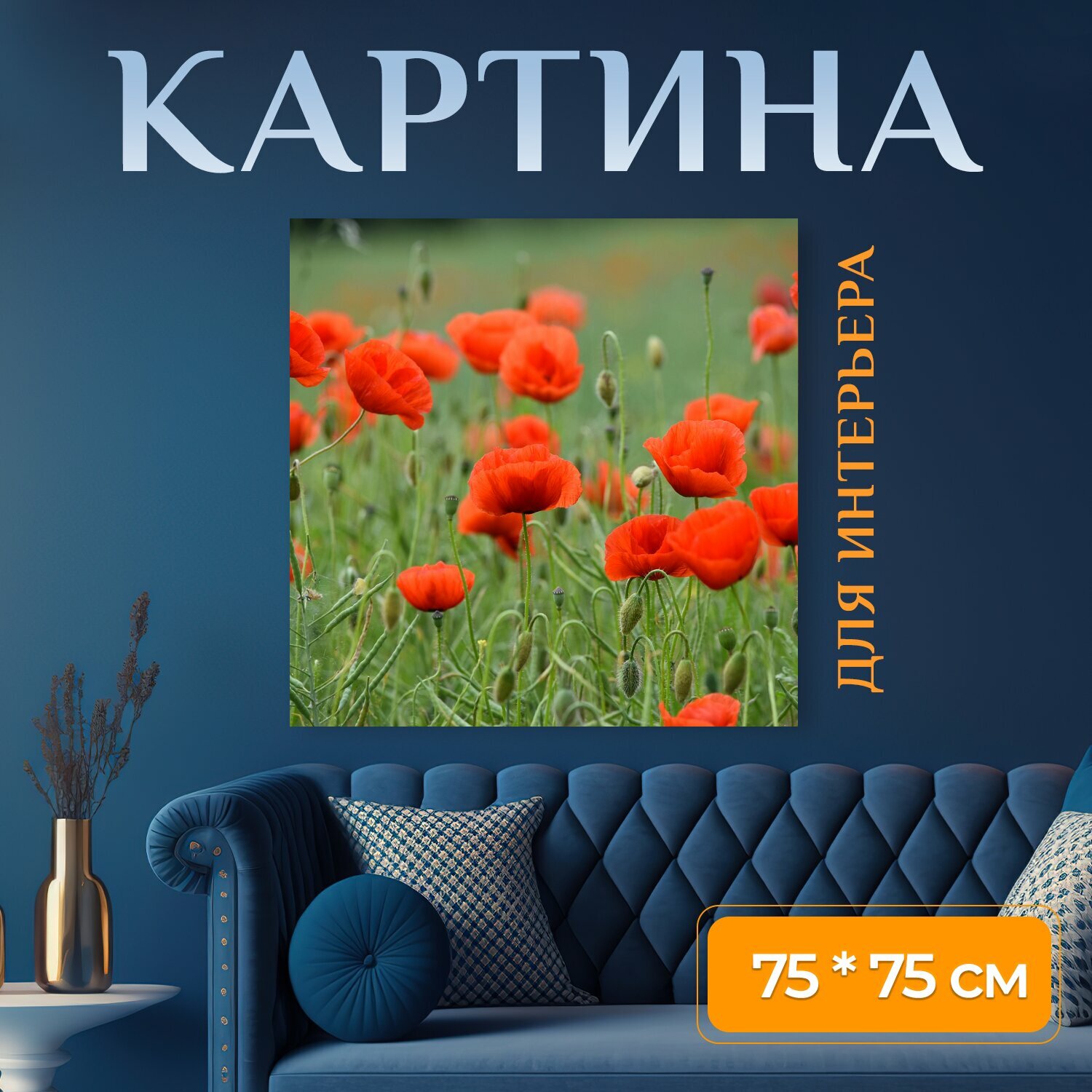 Картина на холсте "Маки, красные маки, поле маков" на подрамнике 75х75 см. для интерьера
