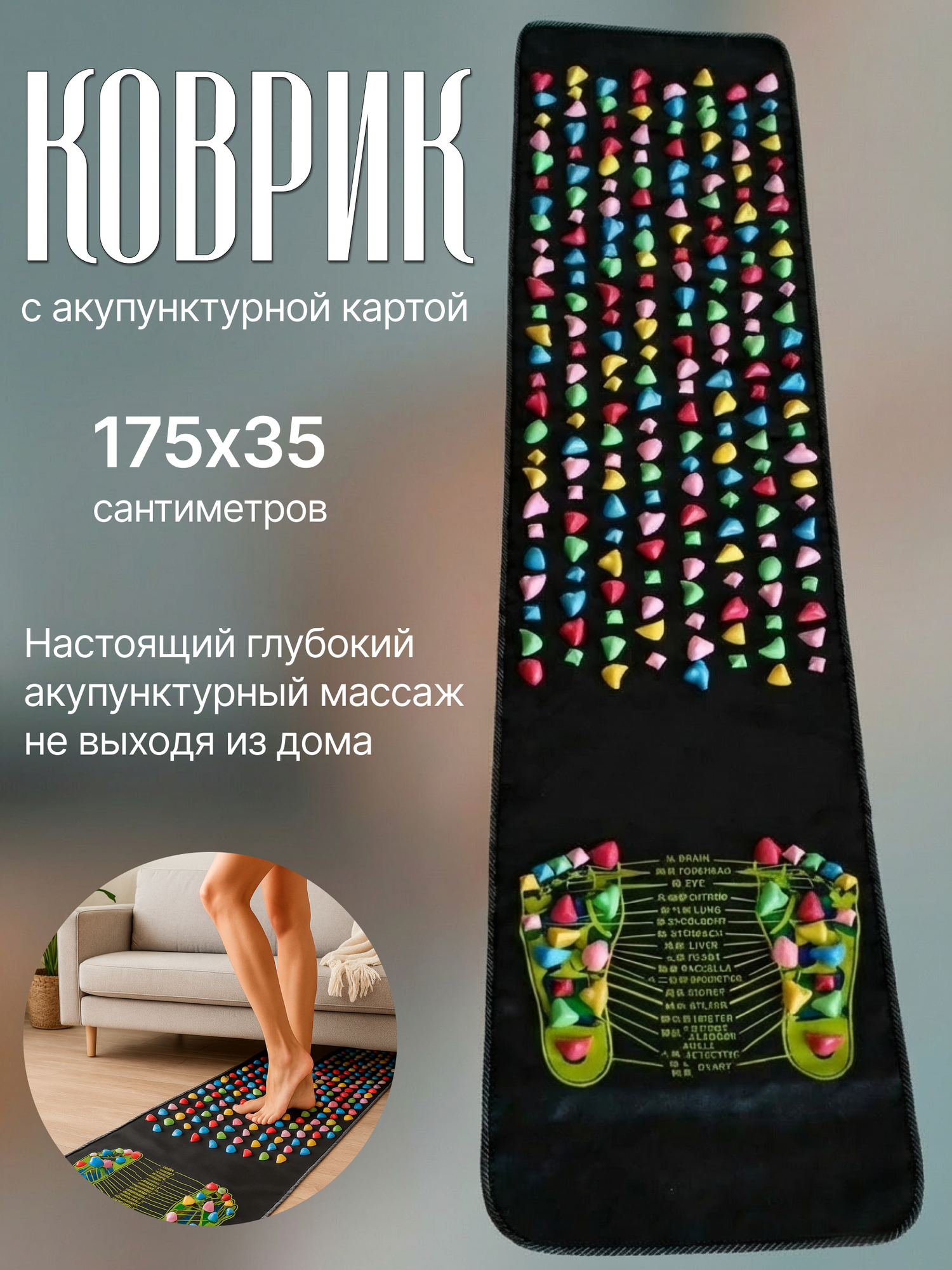 Коврик массажный для ног с камнями и акупунктурной картой 175х35 см
