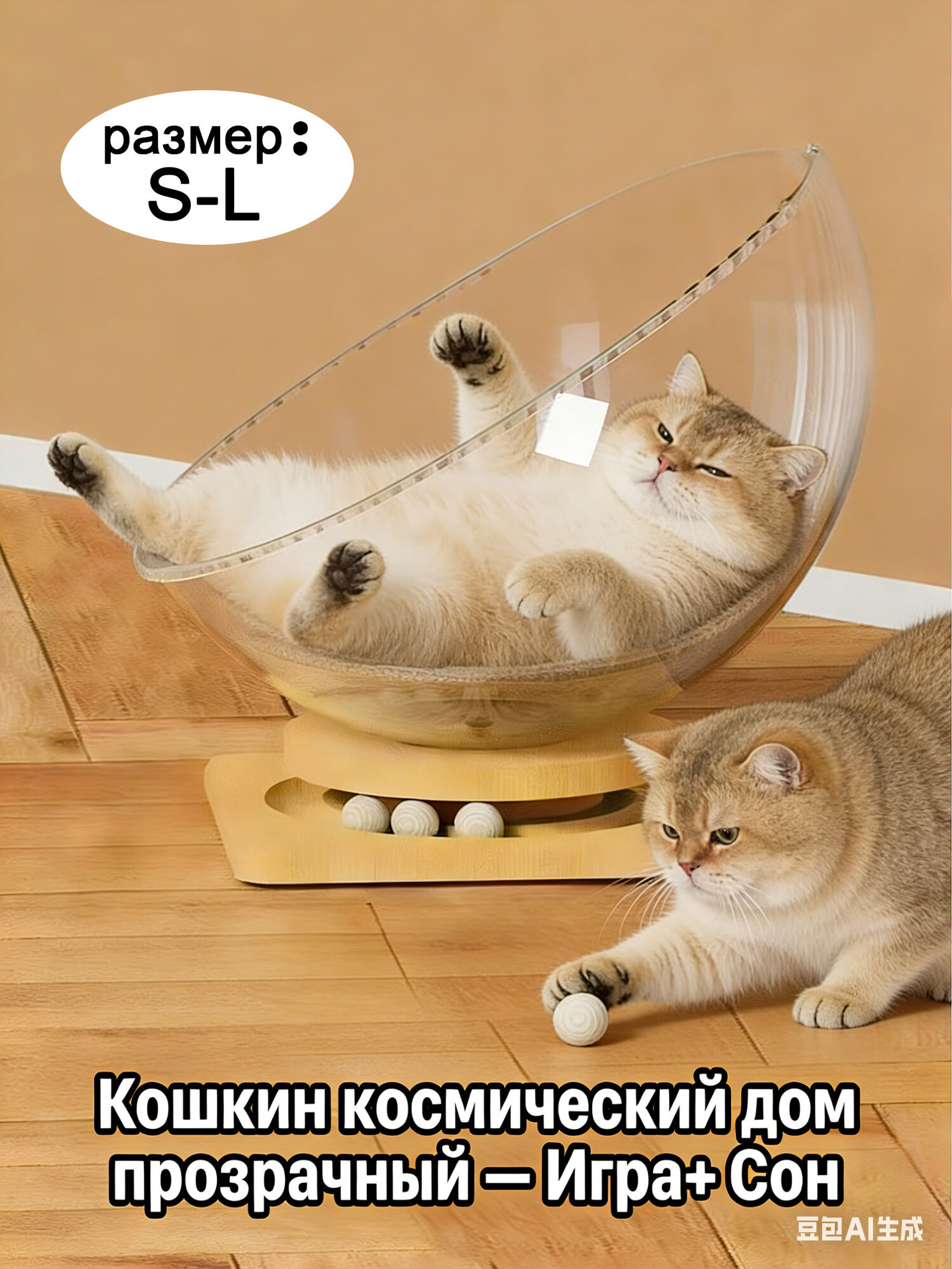 Кошачий космический дом 2 в 1 — Подходит для кошек весом до 10 кг, экологичный материал Имитация цвета дерева (S-L)