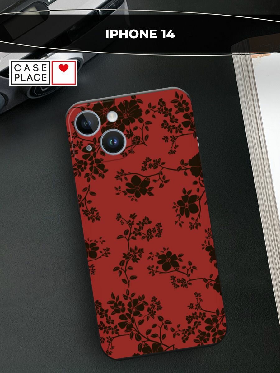 Черный матовый чехол на Apple iPhone 14 / Айфон 14 с принтом Черные цветы на красном