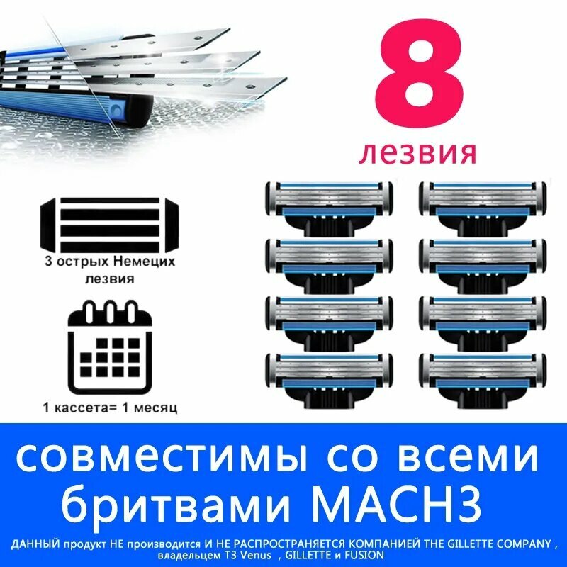 8 кассет сменных лезвий для бритья совместимые с Мировыми брендами и Mach3