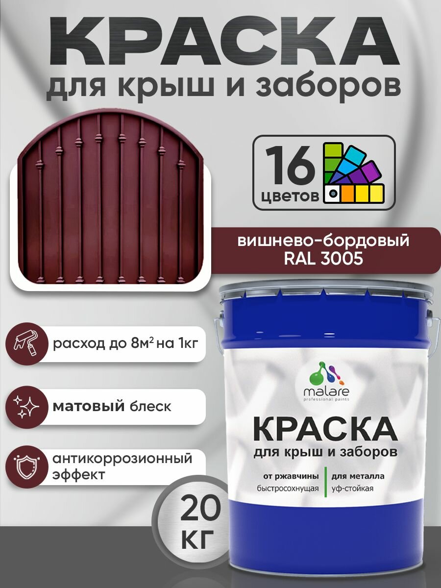 Краска по металлу Malare для крыш и заборов по ржавчине, для наружных работ, быстросохнущая износостойкая RAL 3005 вишнево-бордовый, матовая, 20 кг