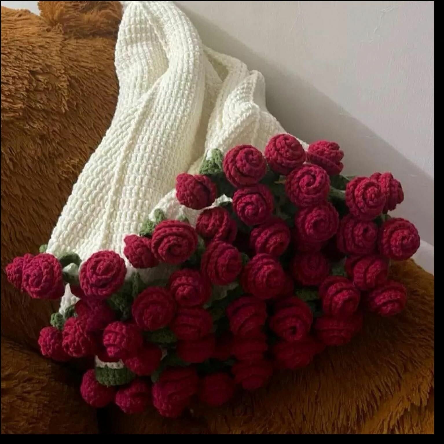 Плед жаккардовый Букет цветов крючком, одеяло из роз своими руками , Софт, 110 см х 110 см