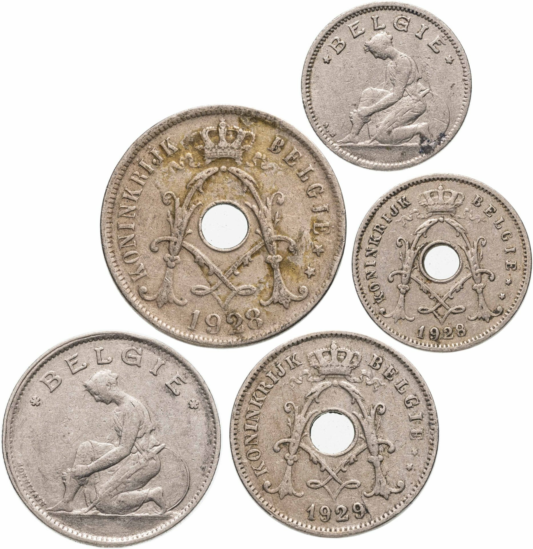 Бельгия набор 1928-1932 5 шт BELGIE, Мельхиор медь-никель, в сохранности VF-XF