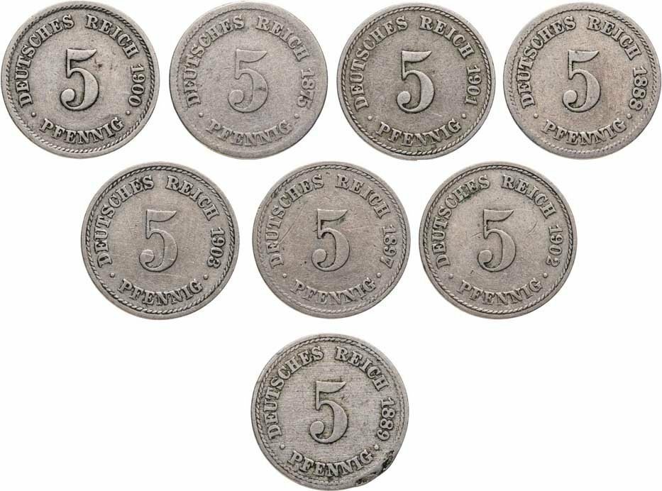 Германия набор из 8 монет 5 пфеннигов pfennig 1875-1903, Мельхиор медь-никель, в сохранности VF