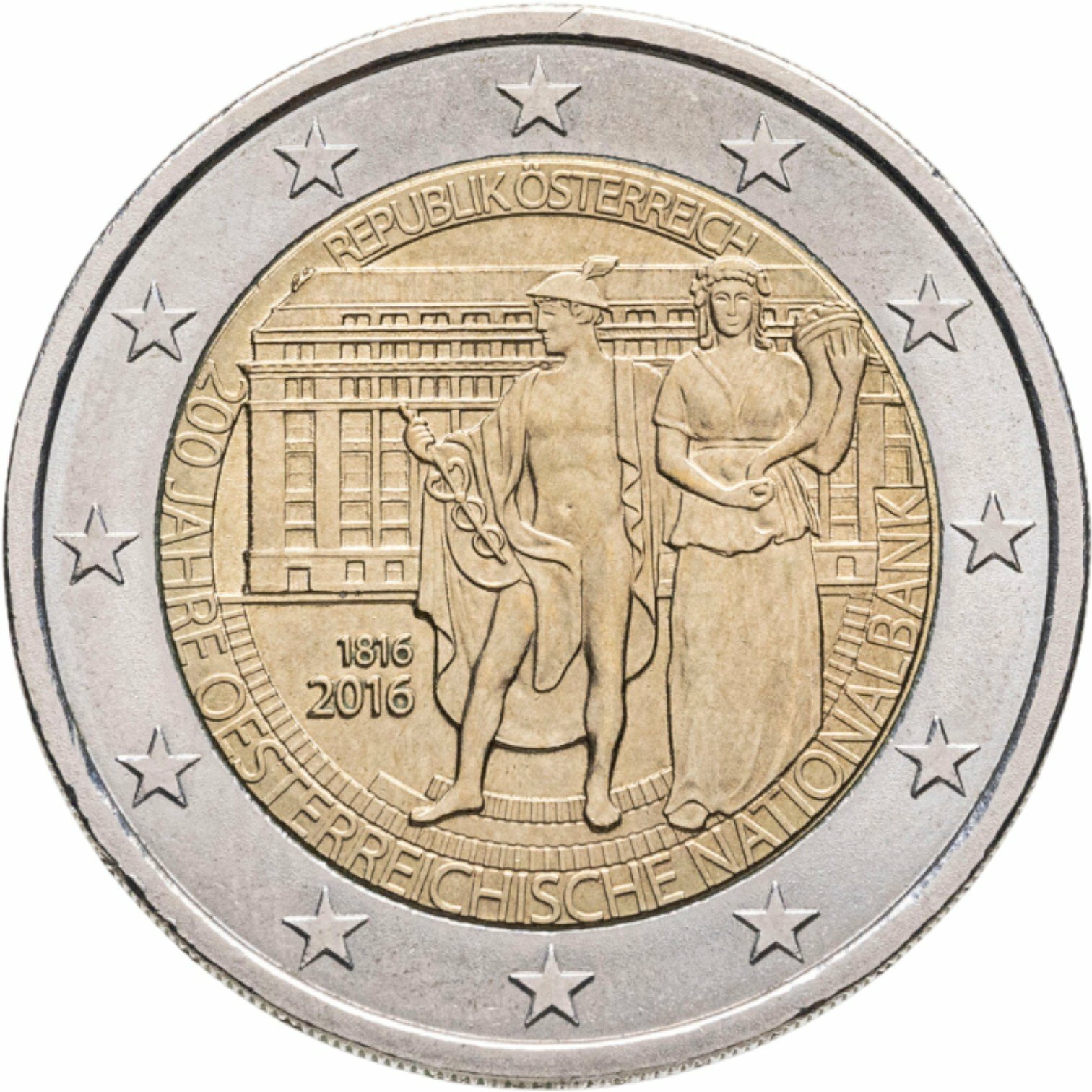 Австрия 2 евро euro 2016 "200 лет Национальному Банку", Биметалл, в сохранности UNC
