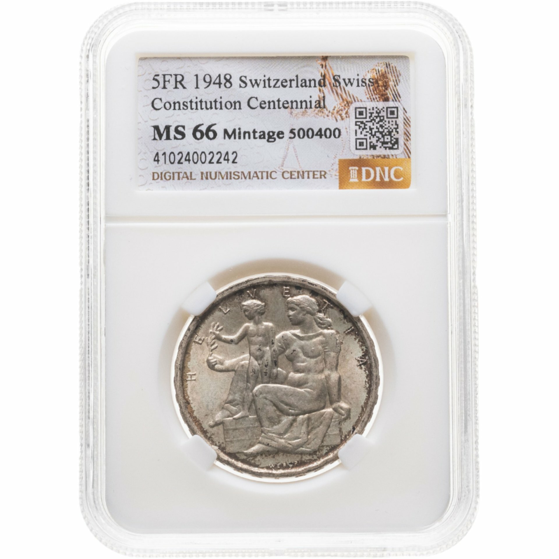 Швейцария 5 франков francs 1948 в слабе DNC MS66, Серебро 835