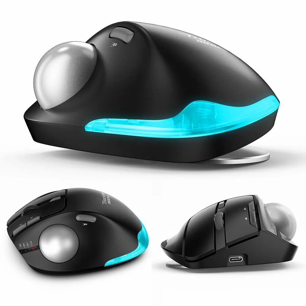Мышь беспроводная Беспроводная мышь с трекболом (2.4G+Bluetooth), 4800DPI, 8 кнопок, RGB, регулируемый угол 0-18°, черный