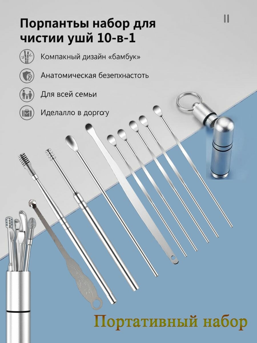 Полный набор для ухода за ушами 10 в 1: чистка, удаление серы, массаж (инструменты в футляре)