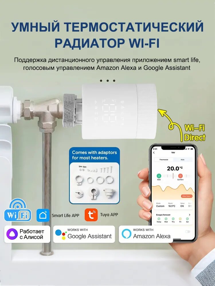 Умный радиаторный термостат с Wi-Fi, регулятор температуры TRV, белый