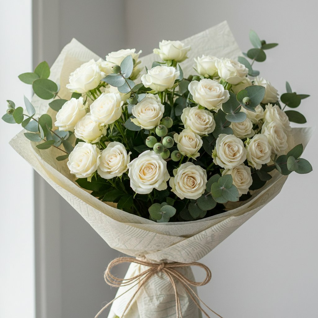 Букет из кустовых белых роз 25 шт и эвкалипта, красивый букет цветов, шикарный, премиум цветы, премиум букет