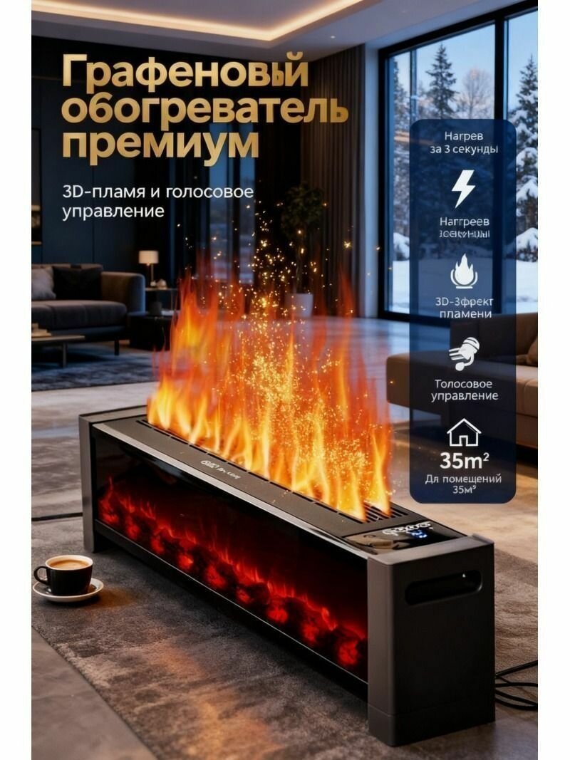 Умный обогреватель с графеновым нагревателем: 3D-эффект пламени, голосовое управление, нагрев за 3 секунды, 2000Вт. Для помещений до 35м, бесшумная работа!