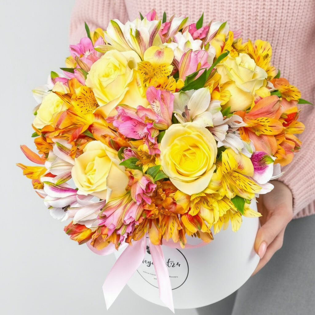 Дуо-Букет Мегацвет24 «Альстромерии и Розы», разноцветный, в шляпной коробке