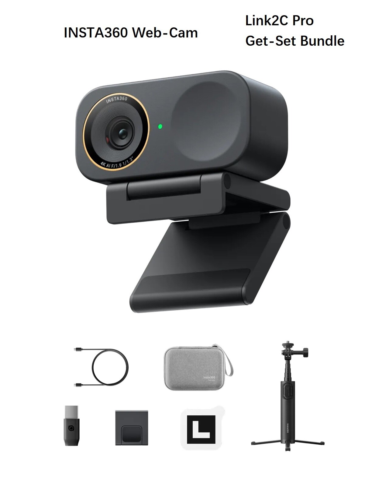 Веб-камера для прямых трансляций, Insta360, Link2C Pro Get-Set Bundle, 4K WebCam, встроенный микрофон, черный