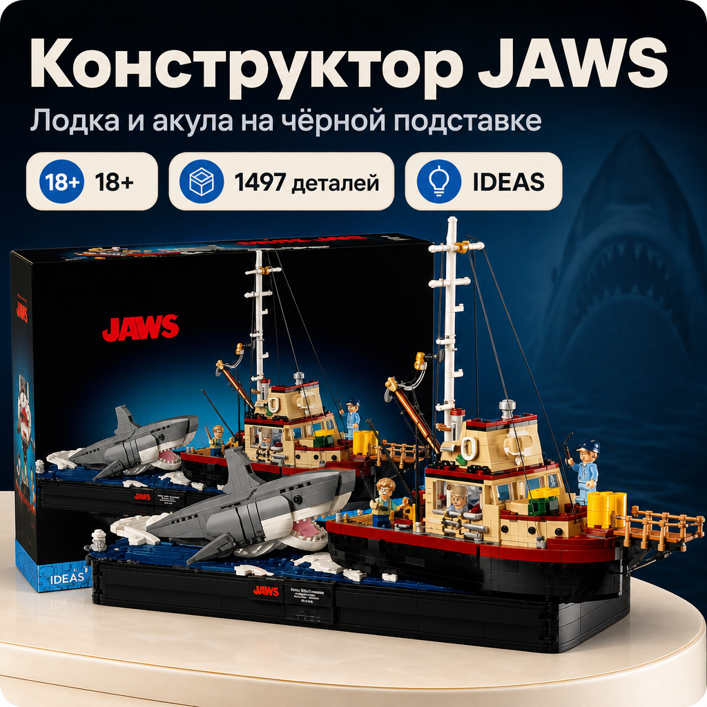 Конструктор JAWS, лодка и акула на чёрной подставке, 1497 деталей, подарок для детей и взрослых