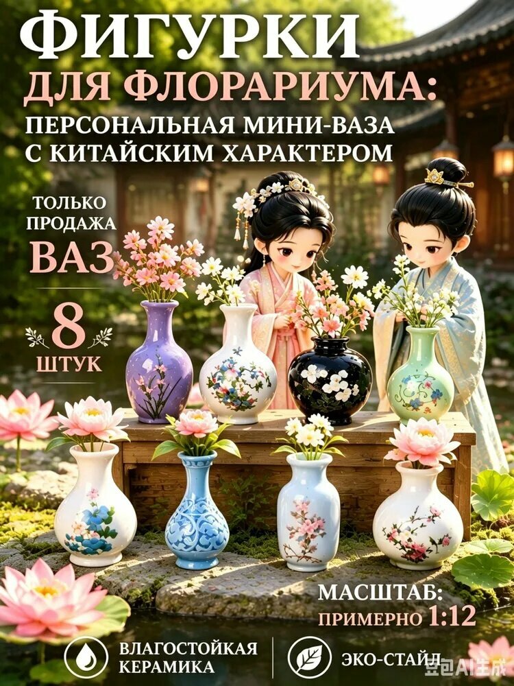 Сувенирная 8 имитационных мини-ваз и фарфоровых бутылок, высота 3.4 см