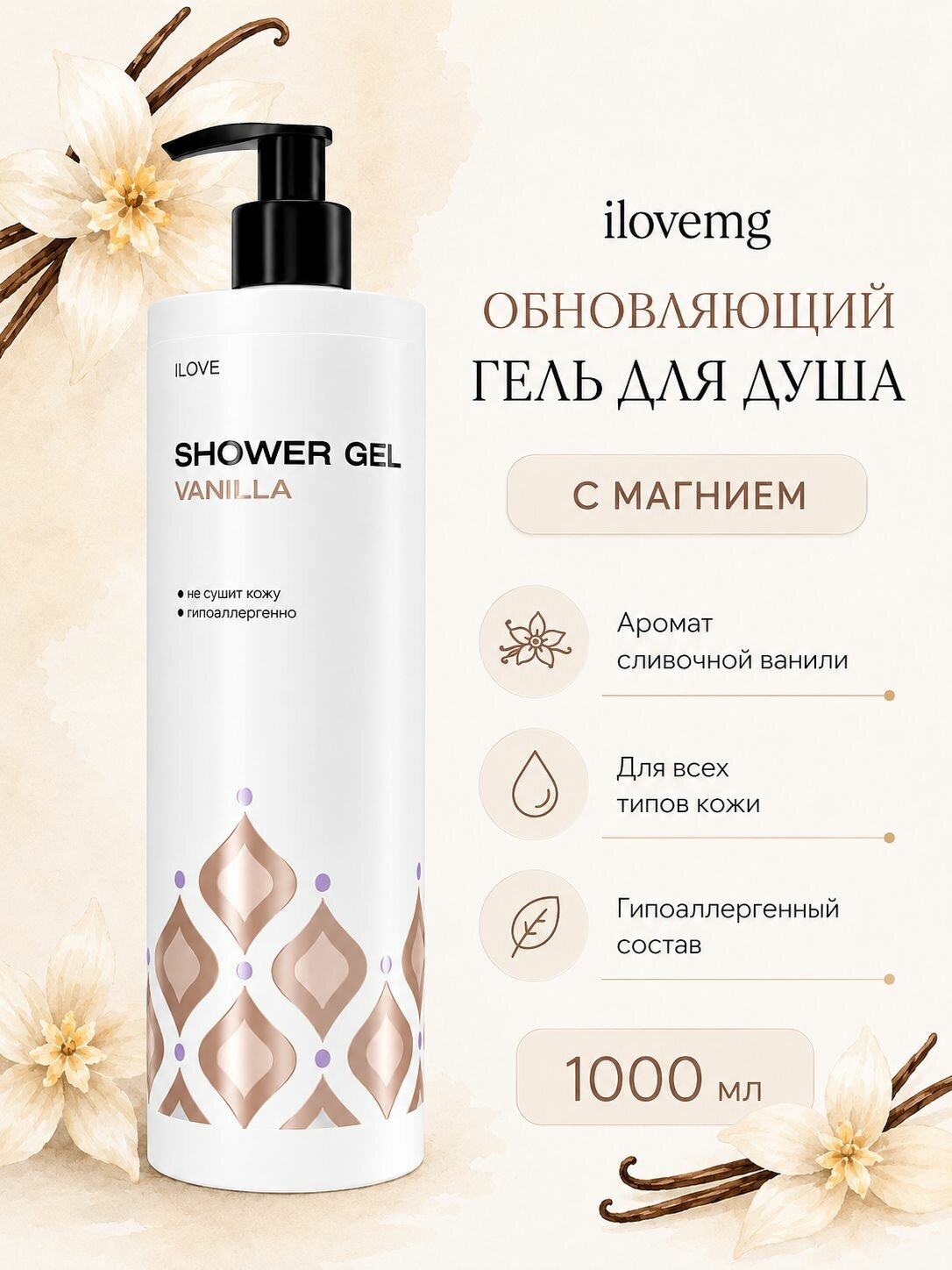 ILOVE Mg, Увлажняющий магниевый гель-крем для душа для бережного очищения и глубокого питания кожи, гипоаллергенно, 1л