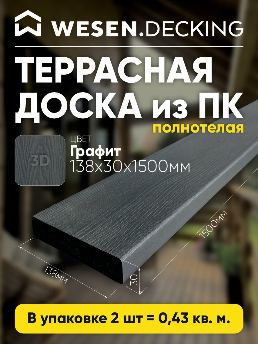 Террасная доска полимерная 138х30х1500 мм, Графит, 2 шт