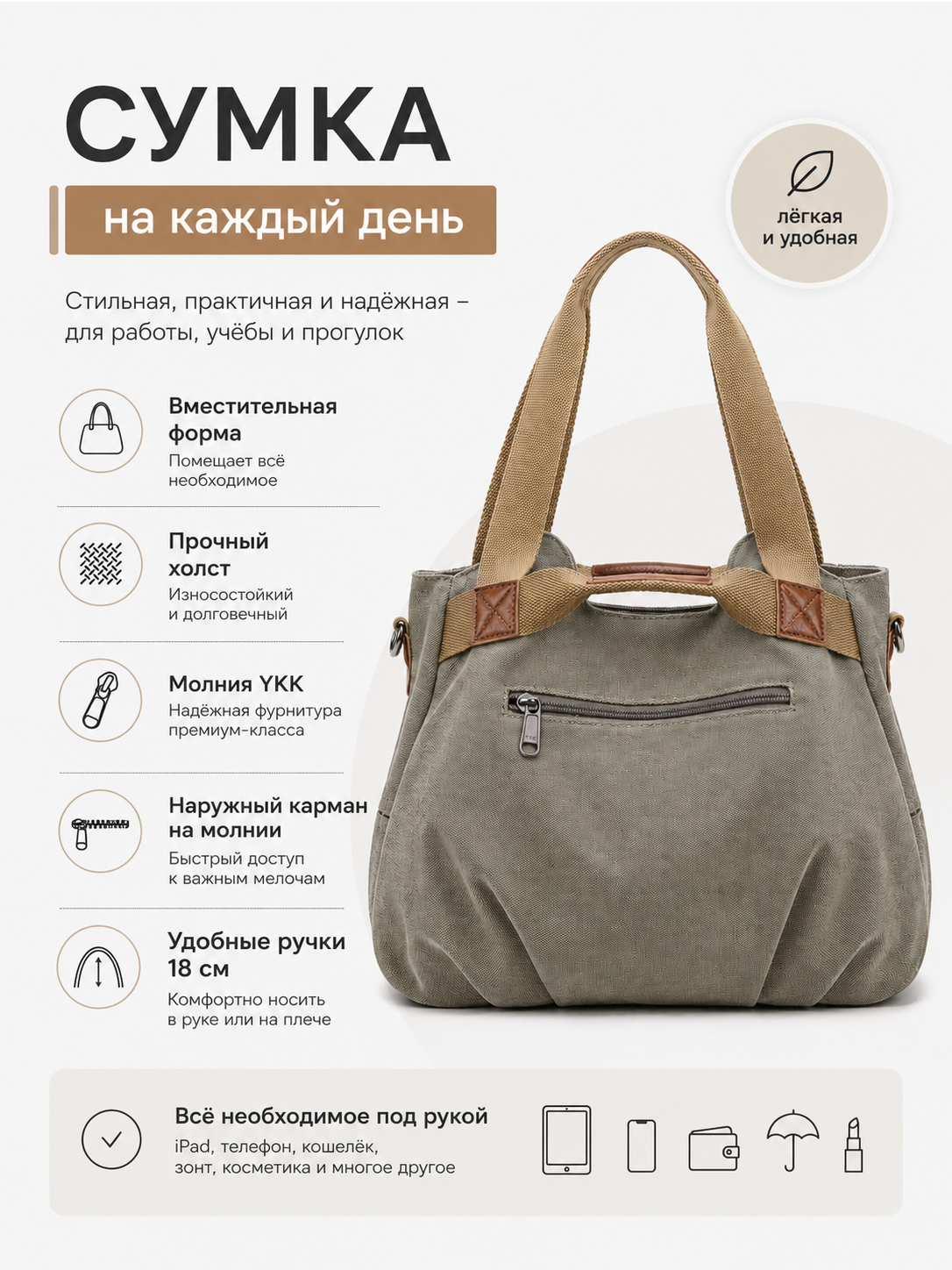 Женская холщовая сумка на плечо, большая хаки с карманом на молнии