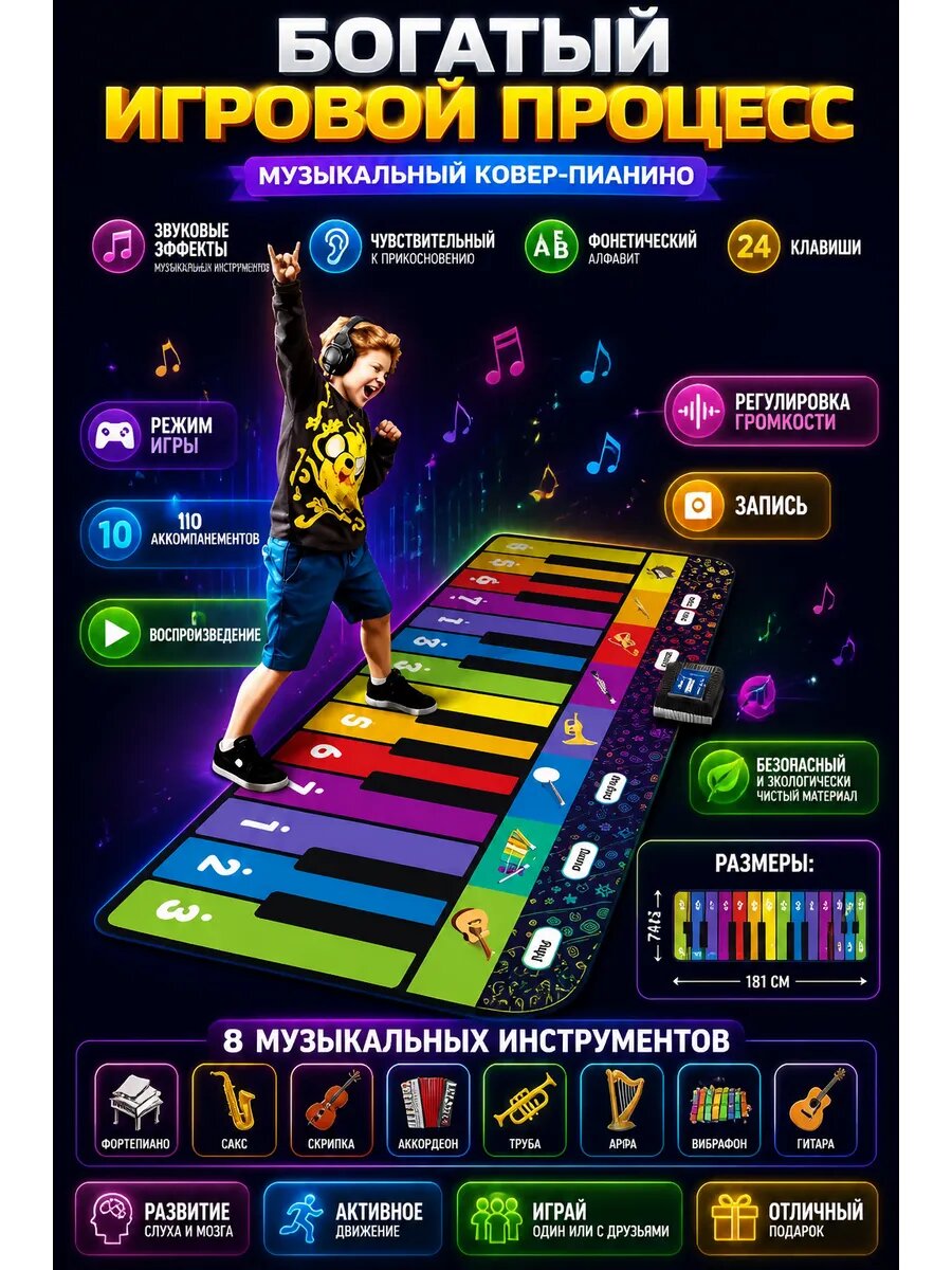 Музыкальный коврик "Пианино", для развития моторики, полимерный, 180x70 см