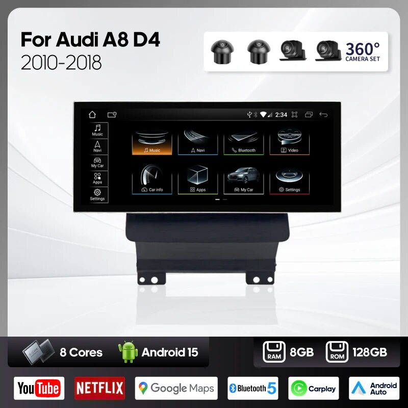 Android 15 для Audi A8 D4 2010-2018, 12.3", 8/128GB, 360 камера