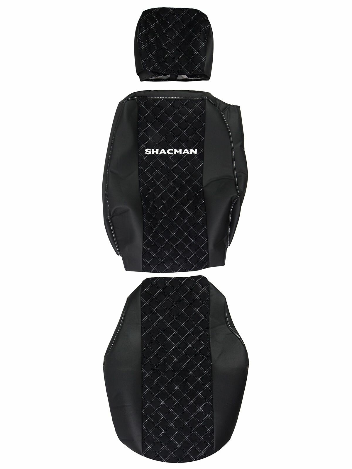 Чехлы на сиденья. "SHACMAN X3000" с 2021г. (2 ременя) 2 низких сиденья. Экокожа / Алькантара. Черные с белой строчкой. Комплект. Сделано в России. (26212)