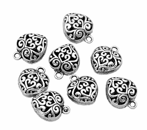 Подвеска, 16х13мм, объемное сердце с орнаментом, базовый материал - цинковый сплав, стиль тибетское серебро, 2 шт.