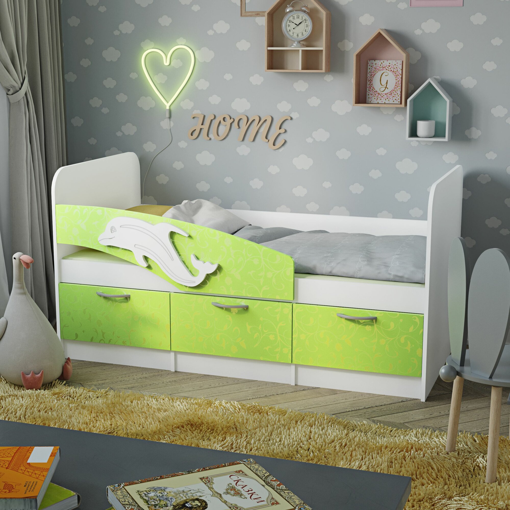Кровать односпальная Дельфин с 3 ящиками от ВНК-Мебель. Спальное место 160х80см. Цвет Белый/Лайм